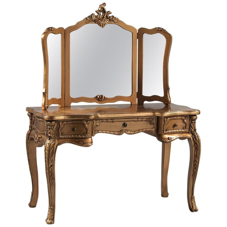 Elegant Gilt French Style Dressing Table with Mirror at 1stDibs
