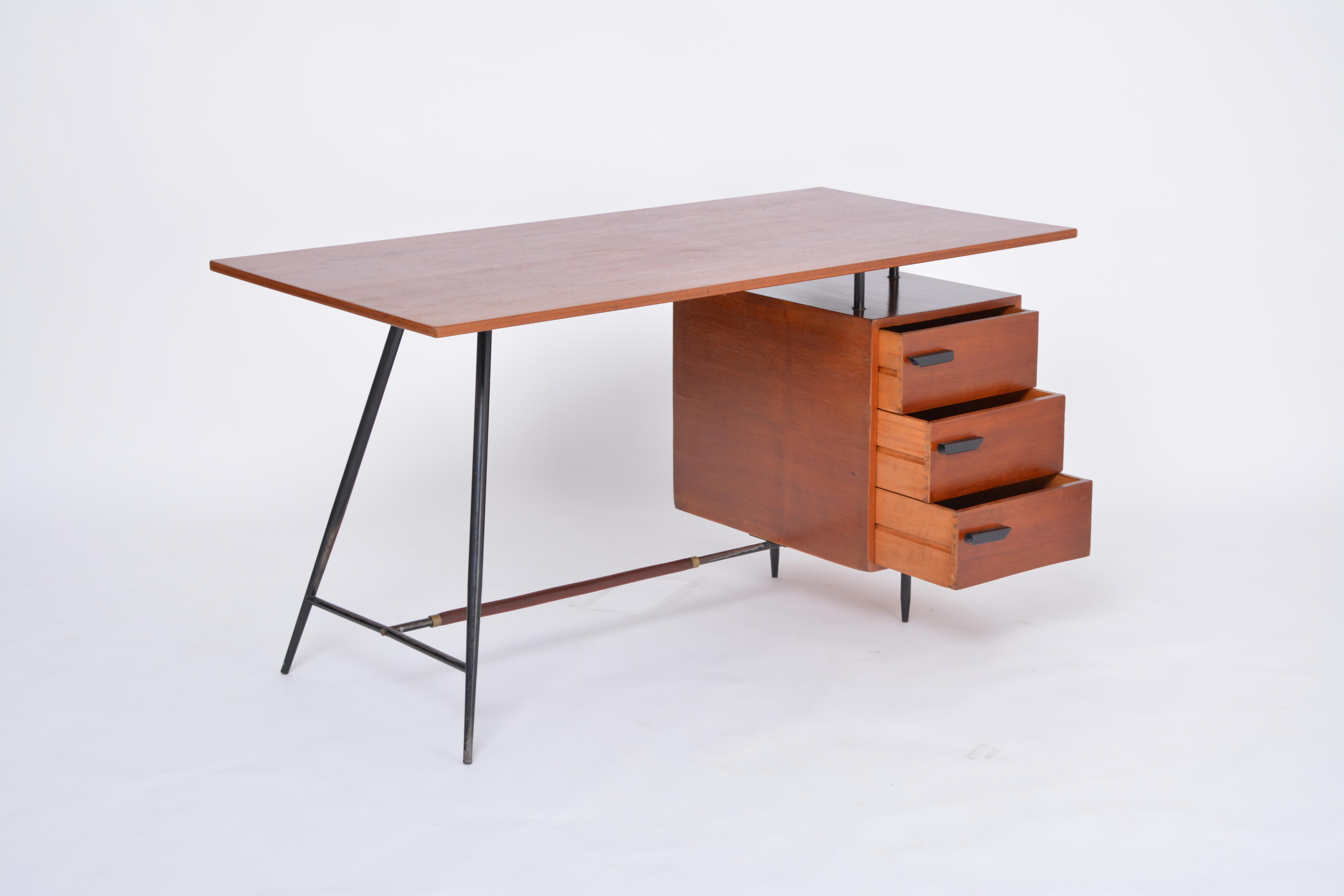 Elegant Italian Mid-Century Modern Teak Desk with Floating Top and ...