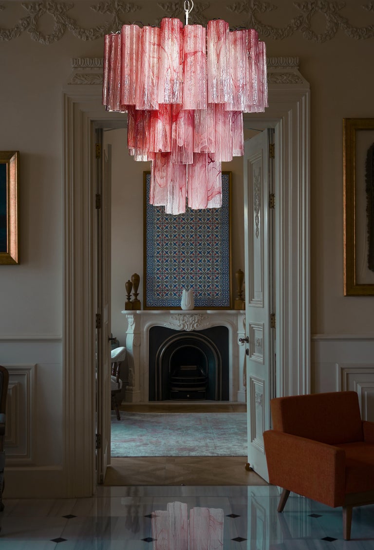 Elegant Large Three-Tier Murano Glass Tube Chandelier, Pink Alabaster ...
