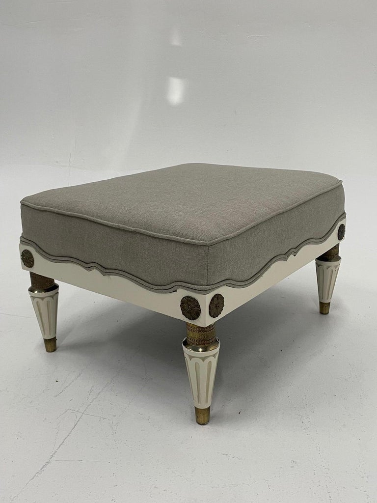 Elegant Maison Jansen White Lacquer and Brass Ottoman with Linen ...
