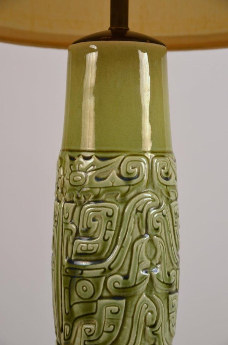 Elegant Mayan Inspired Ceramic Lamp with Original Shade For Sale at 1stDibs