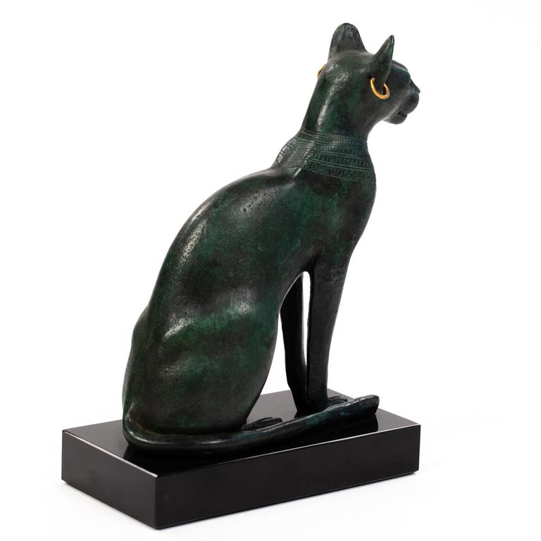 Elegant Midcentury Sitting Bronze Bastet Sculpture on Marble Base ...