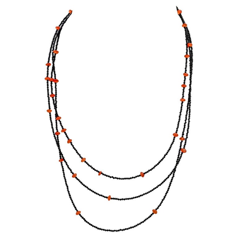 Elegant necklace, 3 strands, with black spinel and carnelian. Spring ...