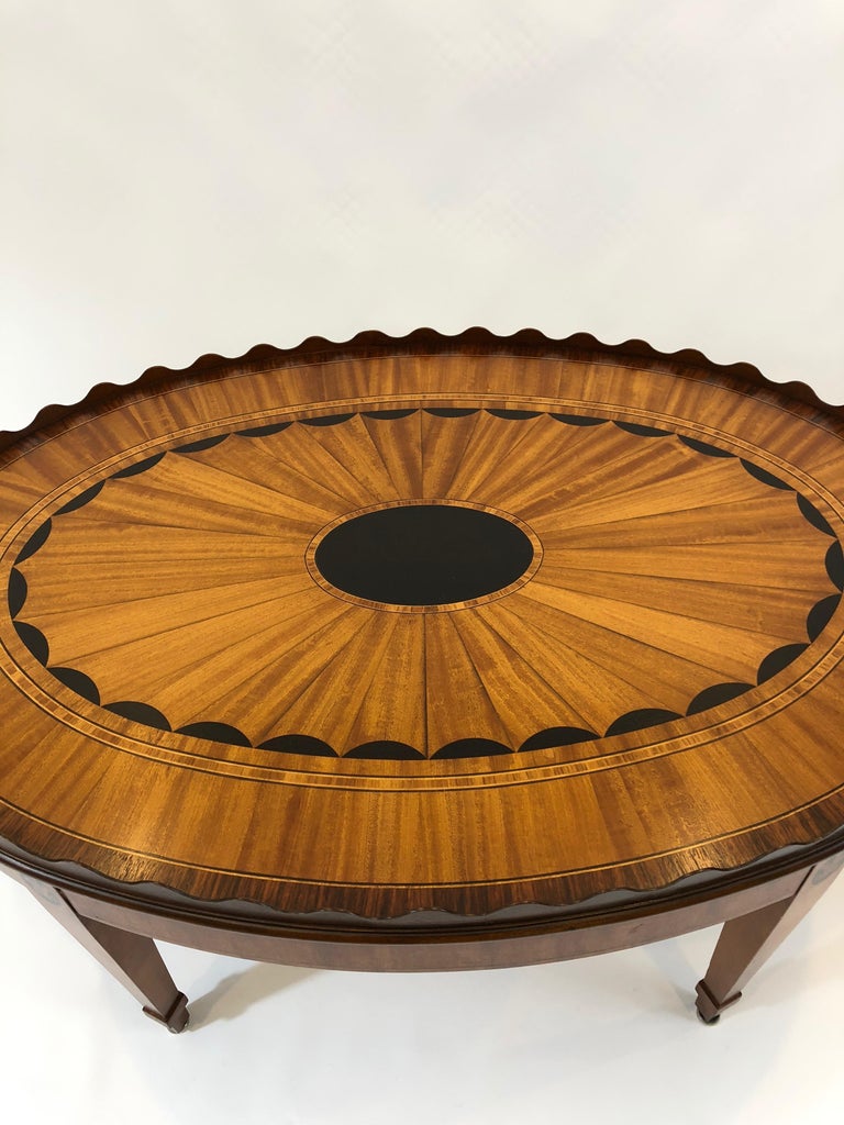 Elegant Oval Satinwood Fan Inlaid Cocktail Table with Scalloped Edge at ...