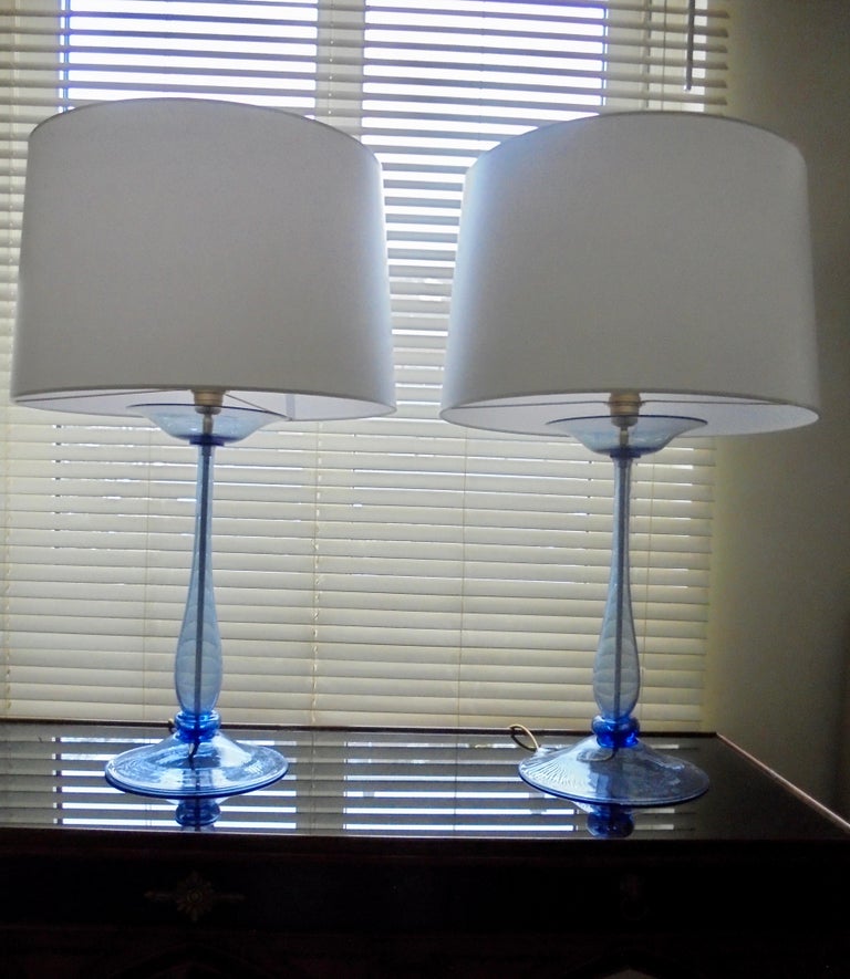 Elegant Pair of Big Cobalt Blue Table Lamps by Venini at 1stDibs