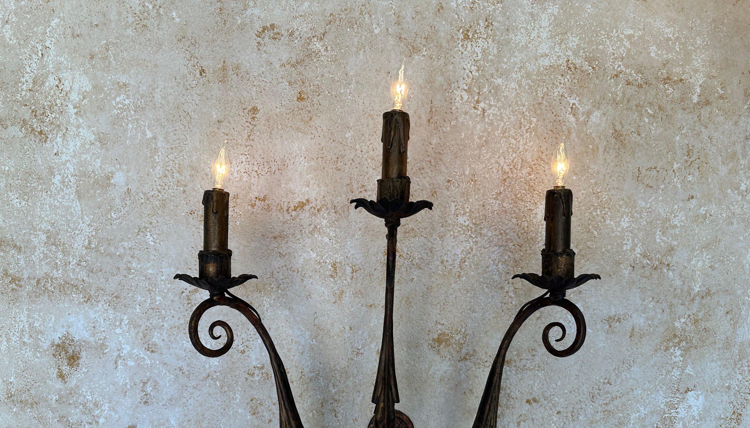 Elegant Pair of Large Three-Arm Spanish Sconces For Sale at 1stDibs