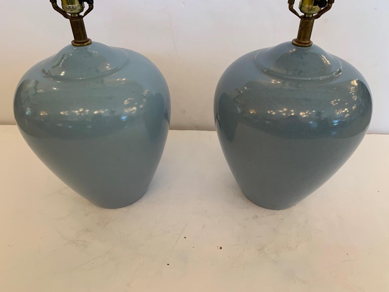 Elegant Pair of Mid-Century Modern Grey Blue Pottery Table Lamps For ...