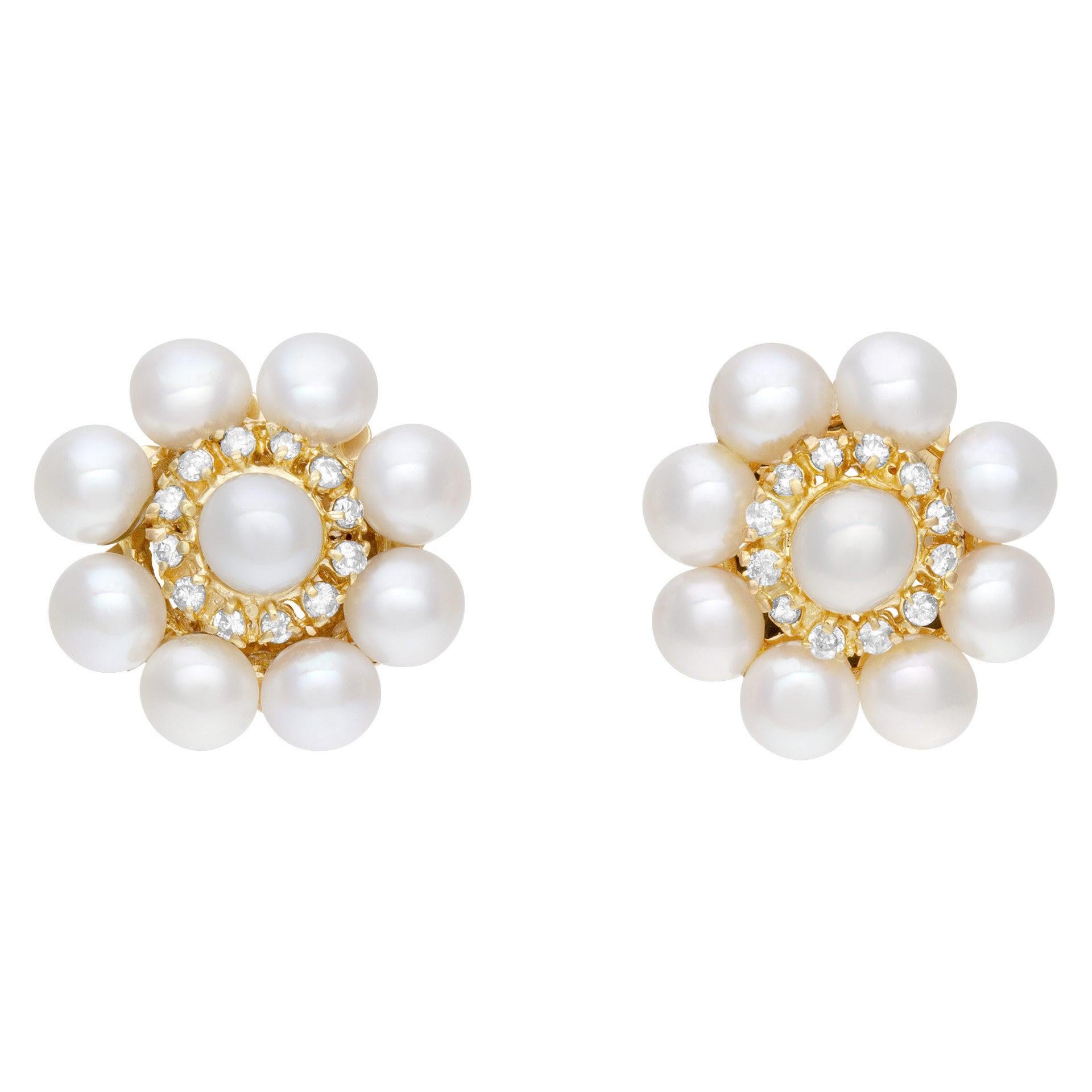 Elegant Pair of Pearl Earrings with Diamonds Accents, Set in 18K Yellow ...