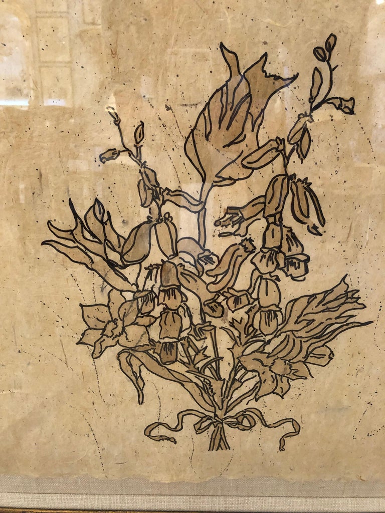 Elegant Pair of Sepia Drawings of Flowers Handsomely Framed For Sale at ...