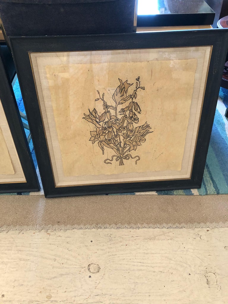 Elegant Pair of Sepia Drawings of Flowers Handsomely Framed For Sale at ...