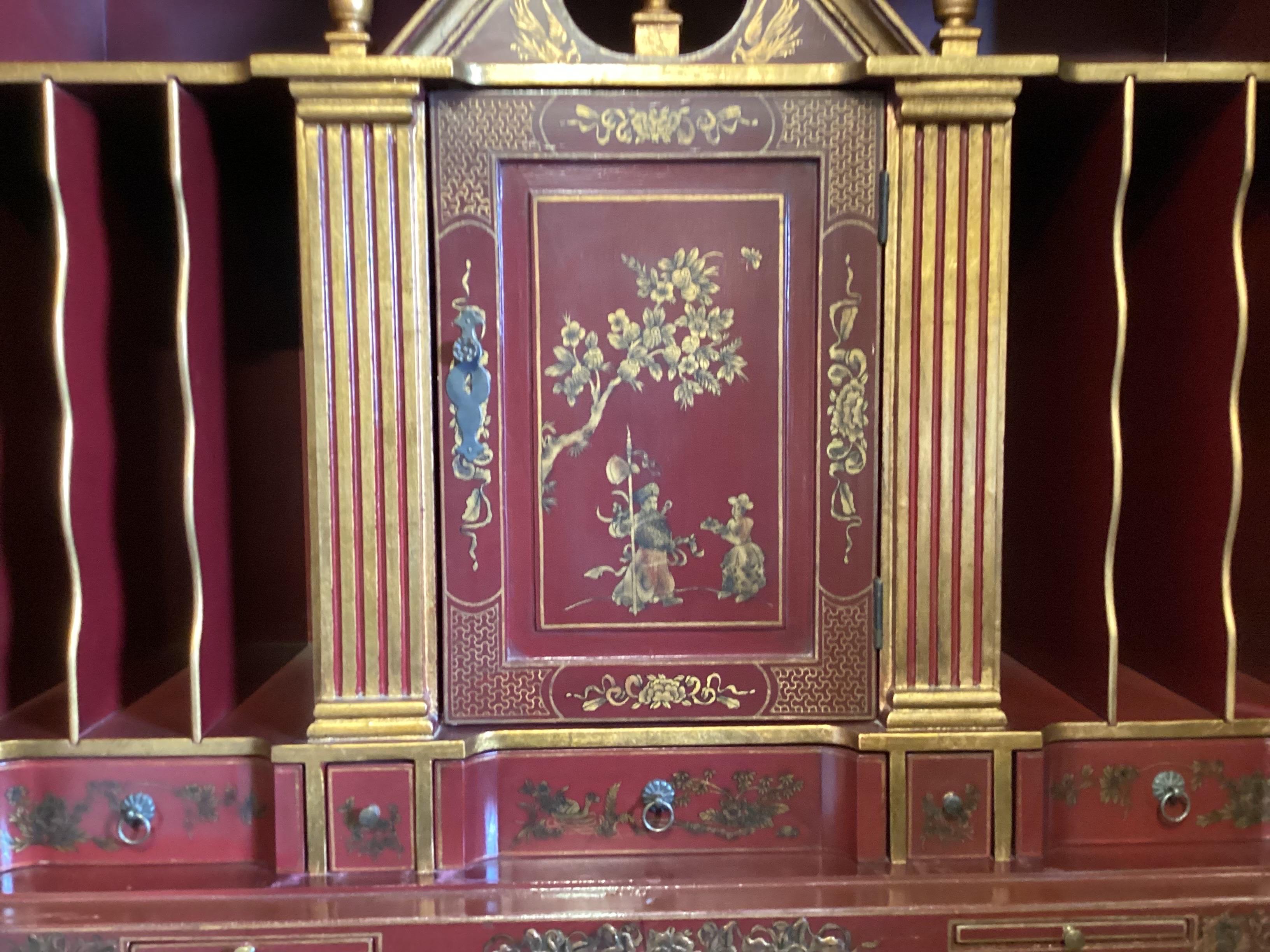 Elegant Red Chinoiserie Hand Painted Secretary Desk For Sale at 1stDibs