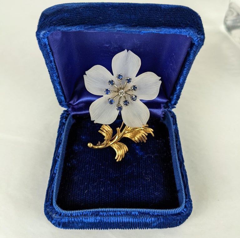 Elegant Rock Crystal Sapphire Diamond Flower Brooch For Sale at 1stDibs