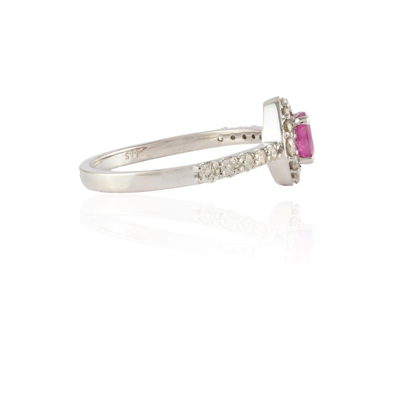 Customizable Elegant Round Cut Ruby Ring and Halo Diamond Studded in 14k Solid White Gold For ...