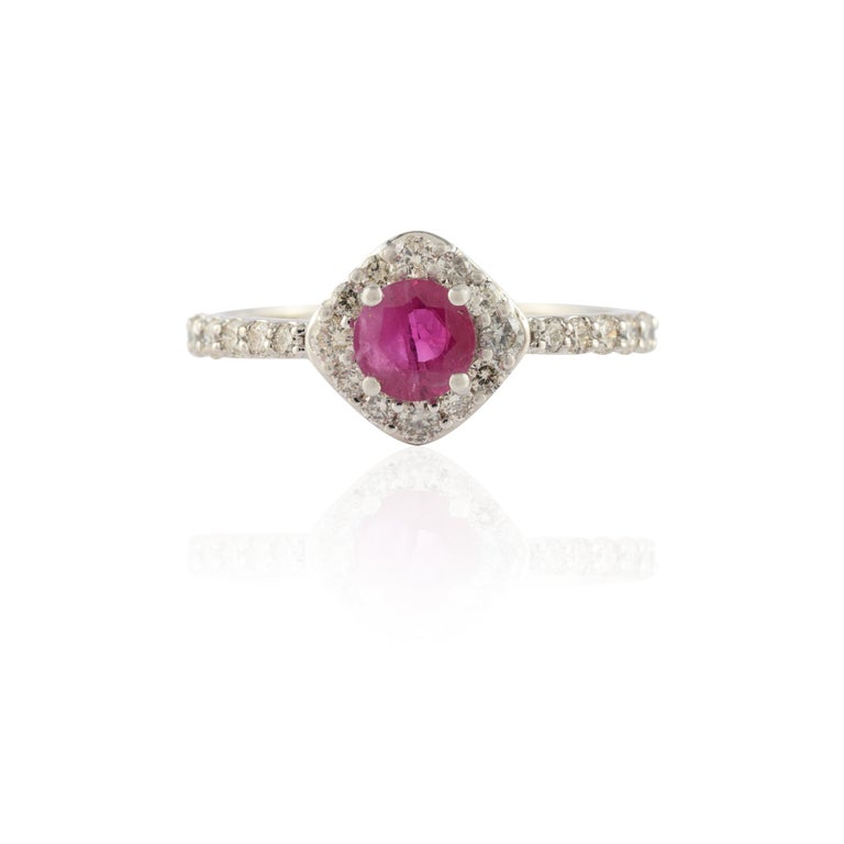 Customizable Elegant Round Cut Ruby Ring and Halo Diamond Studded in 14k Solid White Gold For ...