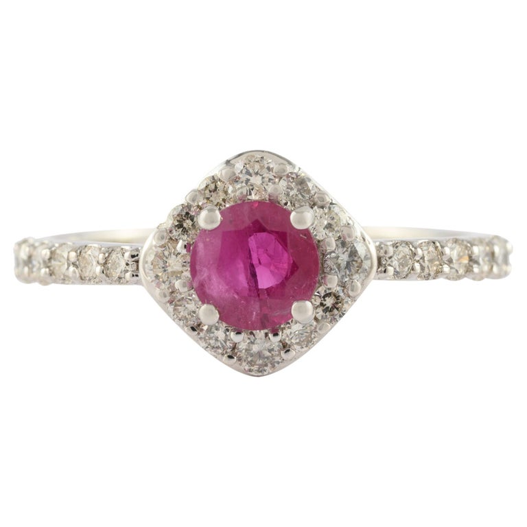 Customizable Elegant Round Cut Ruby Ring and Halo Diamond Studded in ...