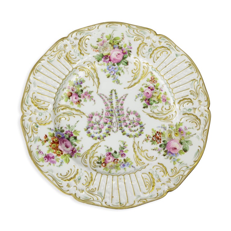 Elegant Set of 12 Antique Hand Painted Porcelain Serving Plates at 1stDibs