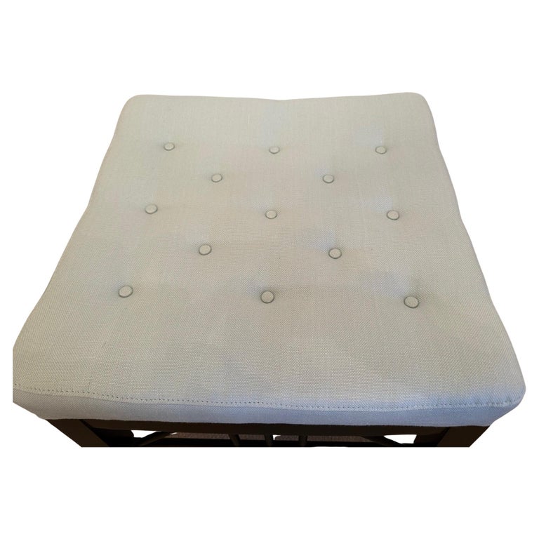 Elegant Square Ebonized Wood and Pale Blue Upholstered Tufted Bench For ...