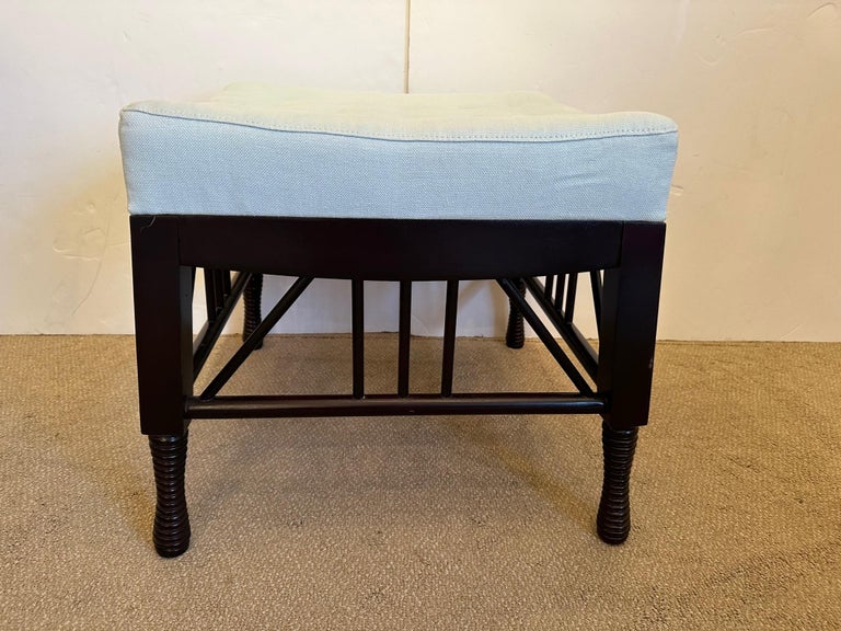 Elegant Square Ebonized Wood and Pale Blue Upholstered Tufted Bench For ...