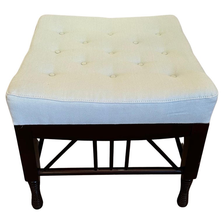 Elegant Square Ebonized Wood and Pale Blue Upholstered Tufted Bench For ...