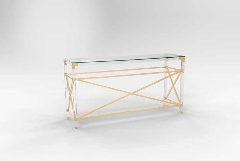 Elegant Timeless Brass and Plexiglass/ Acrylic Console with Glass Top ...