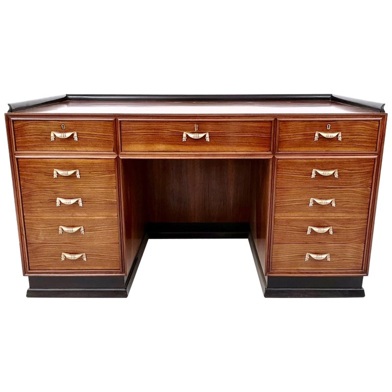 Elegant Wood and Ebonized Wood Writing Desk with Brass Handles, Italy ...