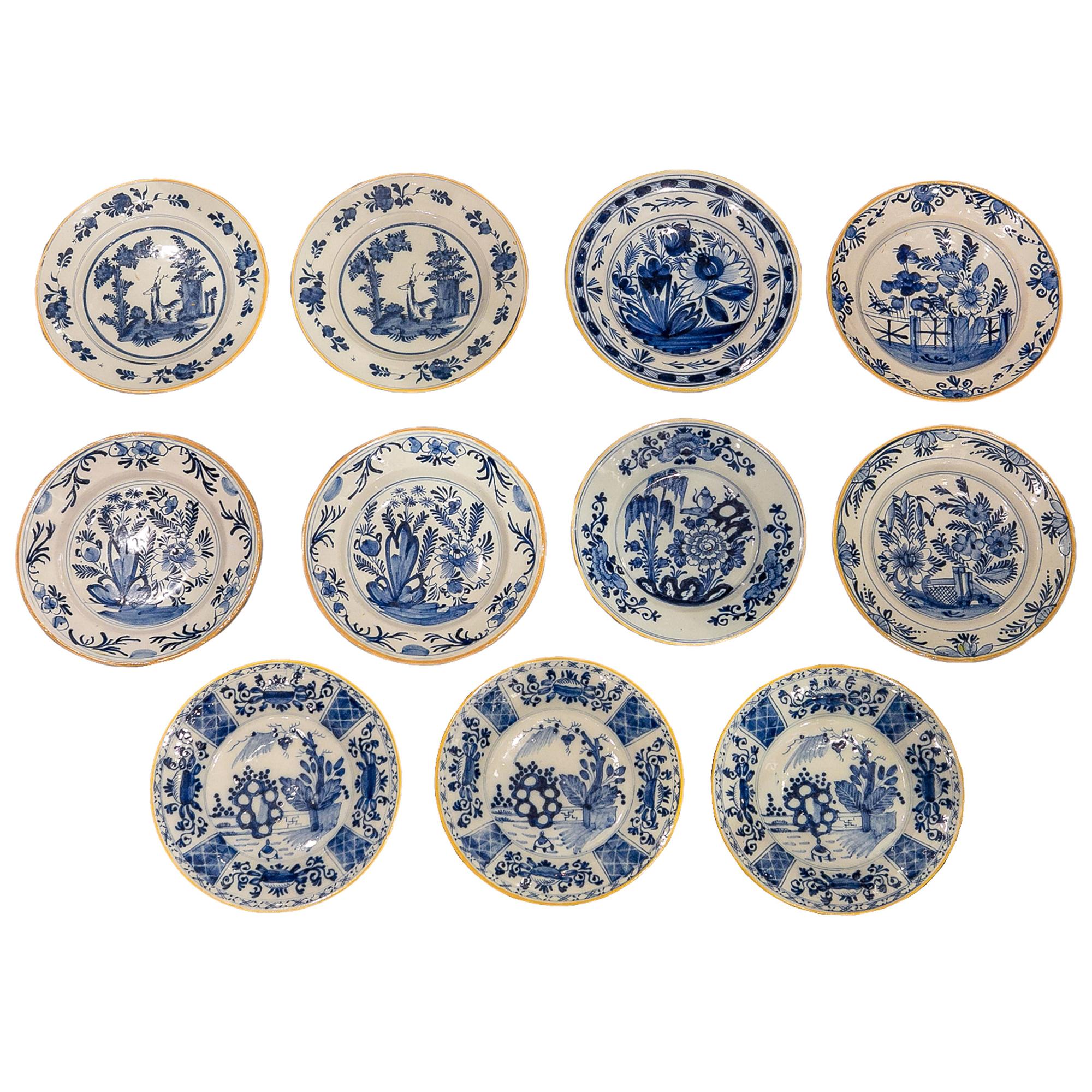 Eleven Blue and White Delft Dishes Hand Painted 18th Century Antique ...