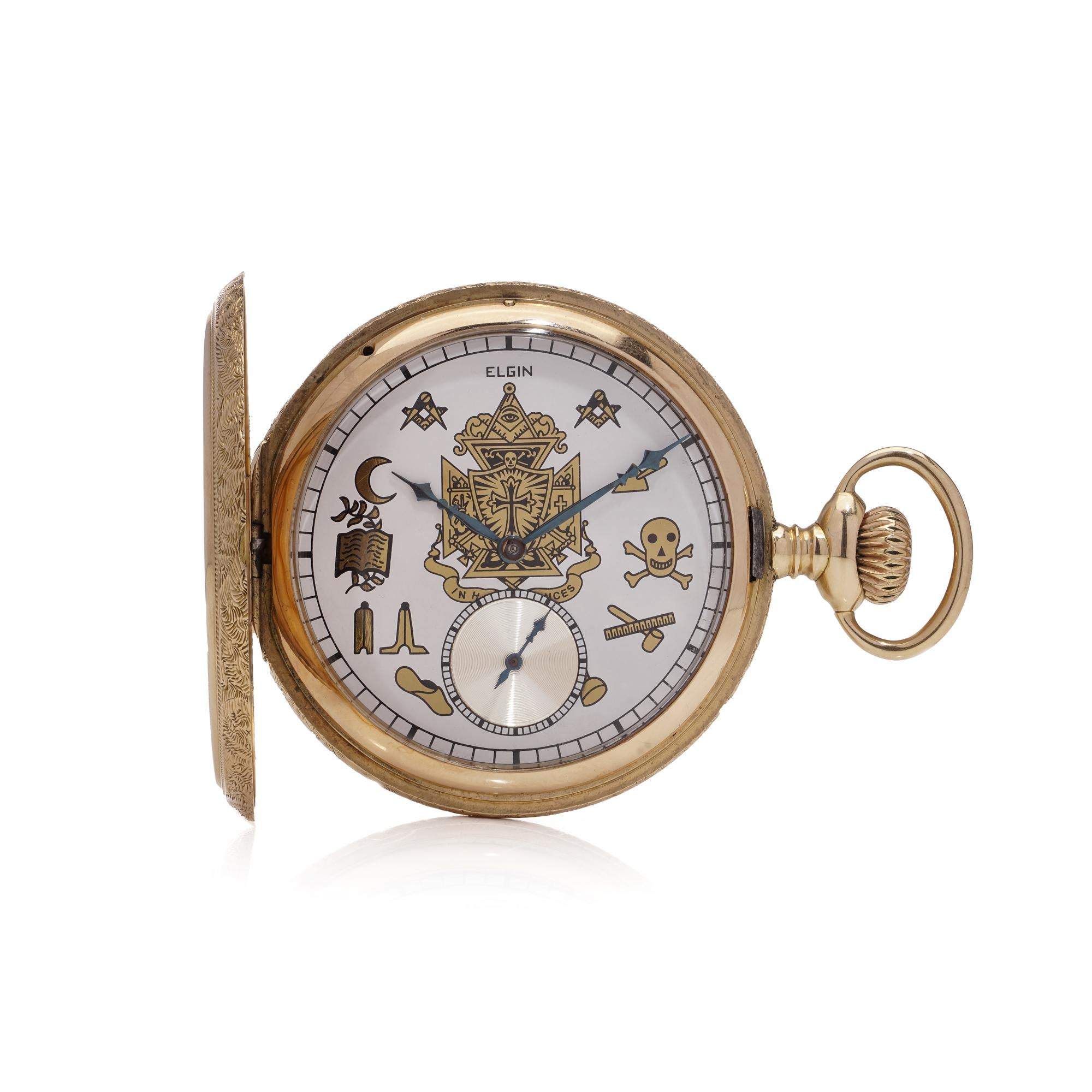 Elgin Masonic 14kt Yellow Gold Full Hunter Pocket Watch For Sale at 1stDibs