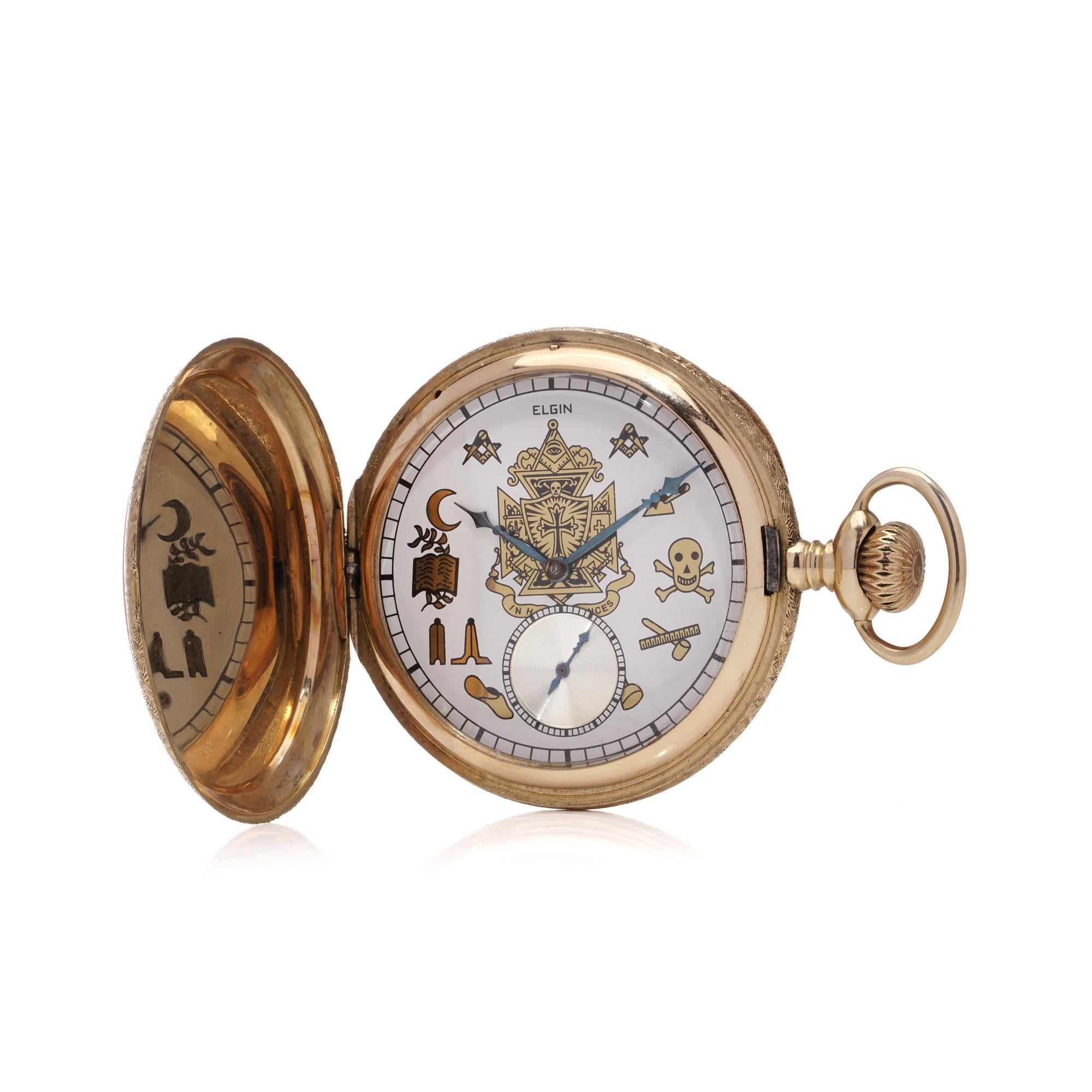 Elgin Masonic 14kt Yellow Gold Full Hunter Pocket Watch For Sale at 1stDibs
