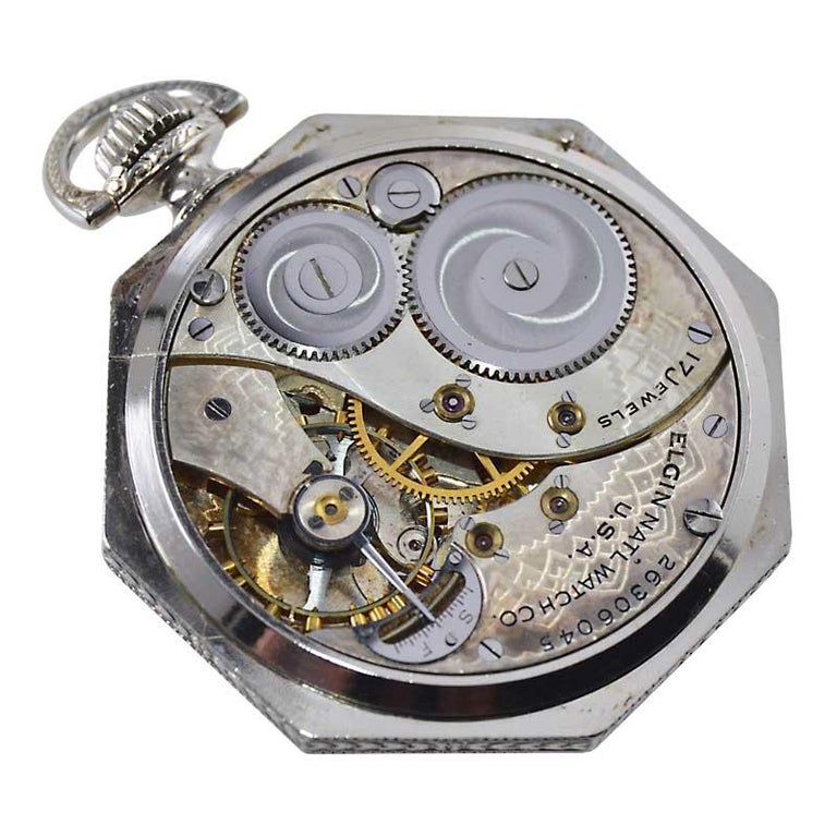 Elgin White Gold Filled Art Deco Pocket Watch from 1923 For Sale at 1stDibs