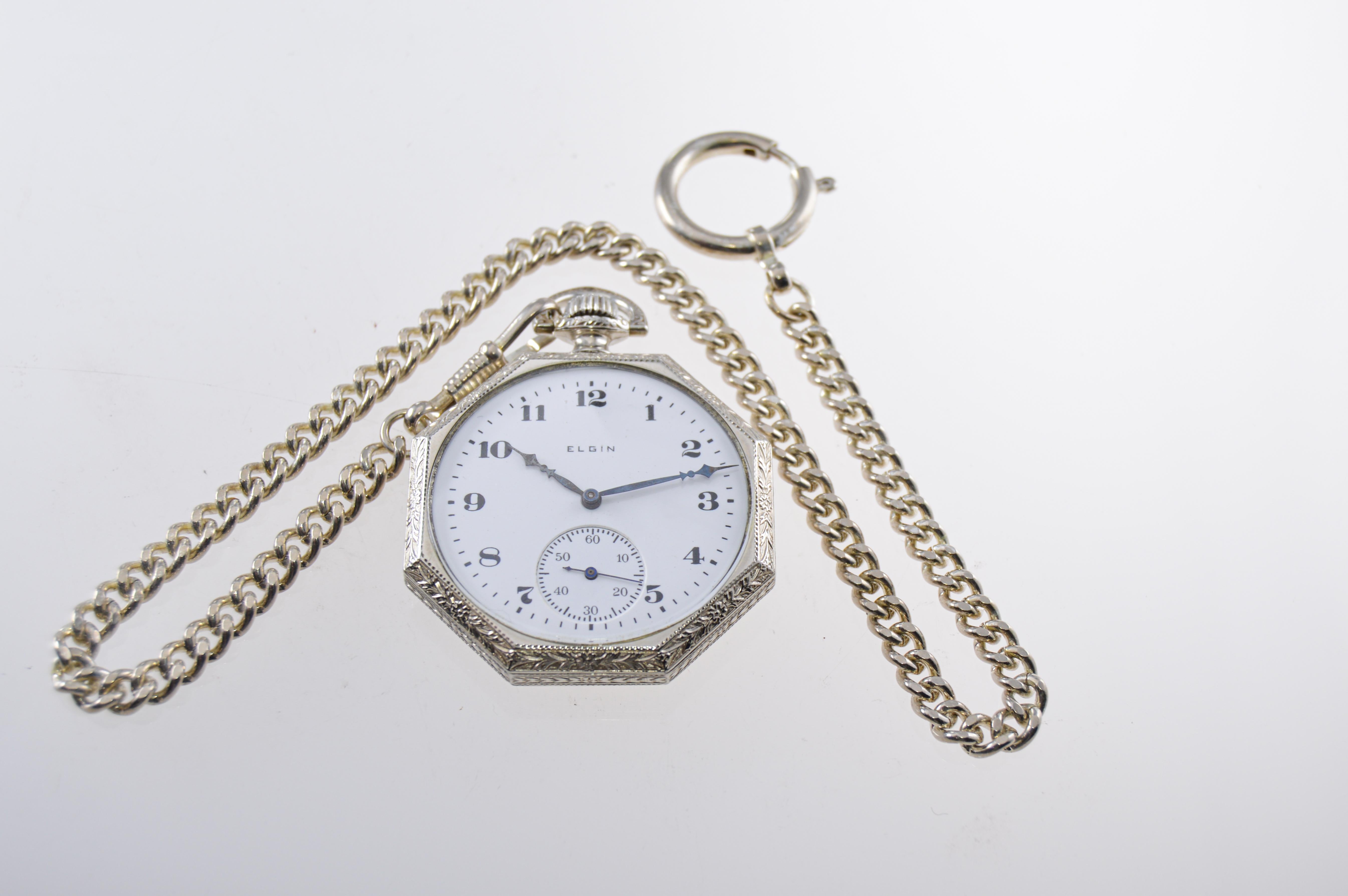 Elgin White Gold Filled Art Deco Pocket Watch from 1923 with Matching ...