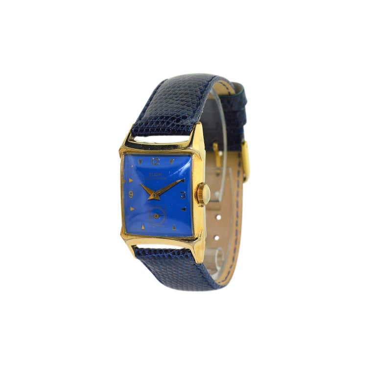 Elgin Yellow Gold Filled Royal Blue Dial Automatic Watch, circa 1950s ...