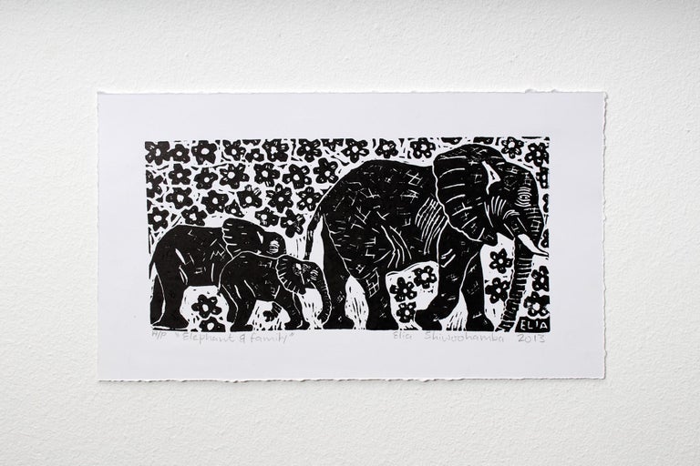 Elia Shiwoohamba - Elephant and family, Elia Shiwoohamba, Linoleum ...