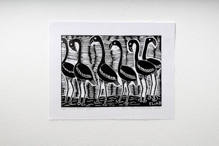 Elia Shiwoohamba - The flamingoes, Elia Shiwoohamba, Linoleum block ...