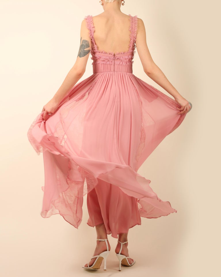 Elie Saab pink lace trimmed cut out corset bustier maxi dress gown 34 ...