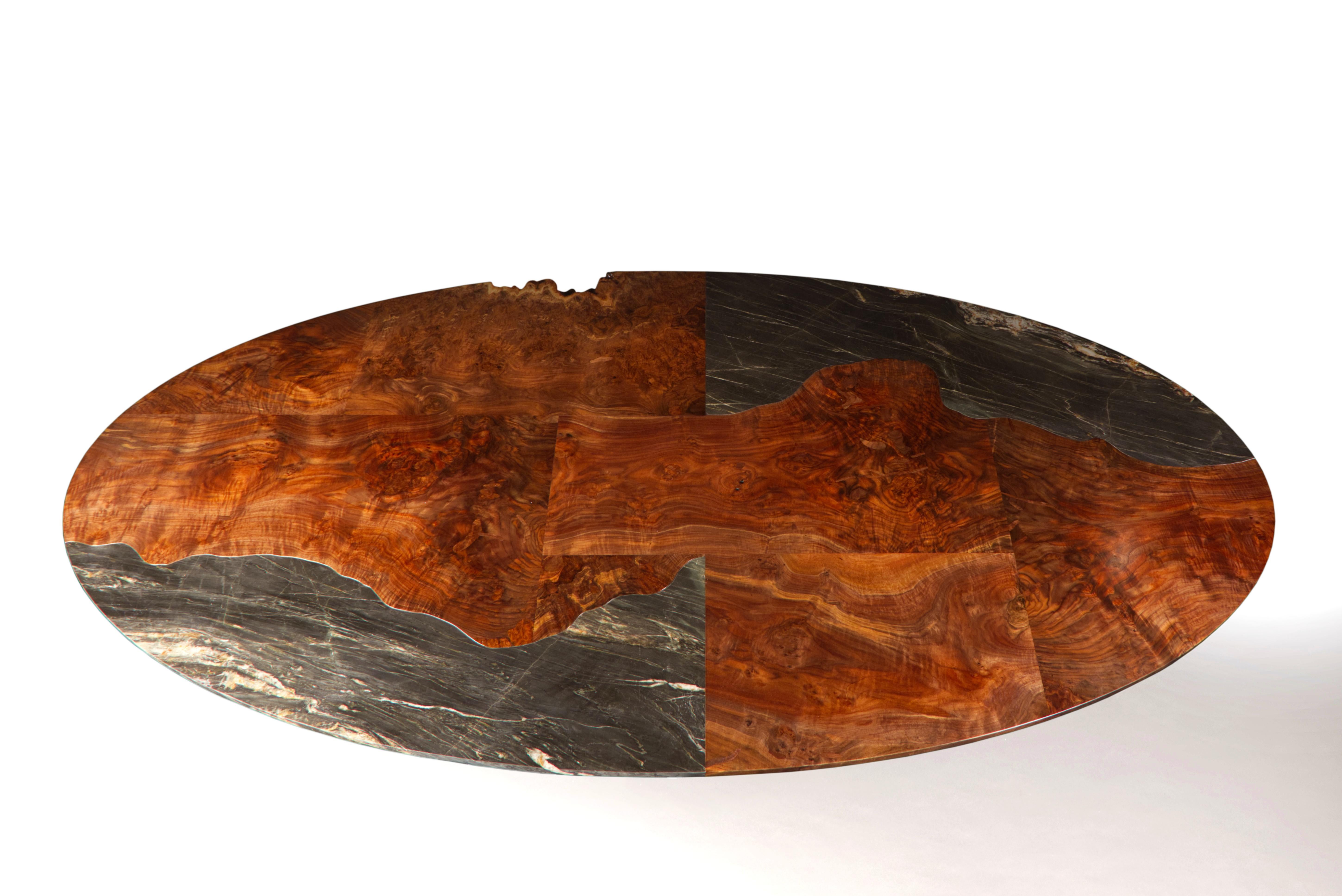 Eliptical Claro Walnut and Granite Dining Table with Modern Star-Shaped ...