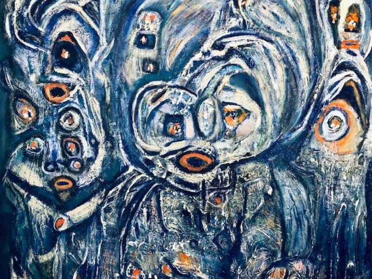 Elisa Valerio - Painting, Layers of Paint, Blue, Abstract, Figures ...