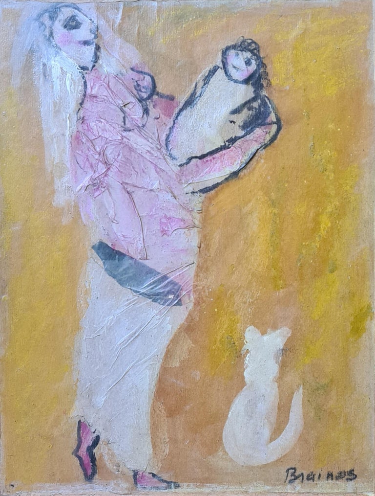 Elisabeth Brainos - Mother, Child and Cat, 'Chagallesque' Mixed Media ...