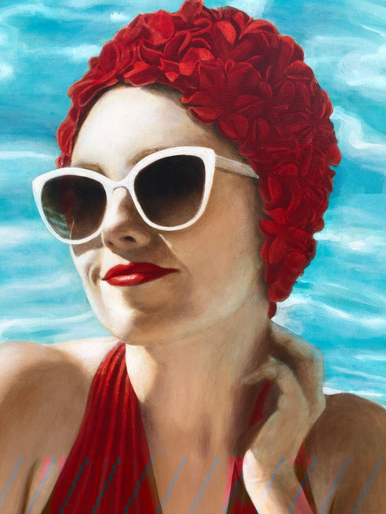 Elise Remender - "Poolside" portrait of a woman in a red suit and cap ...