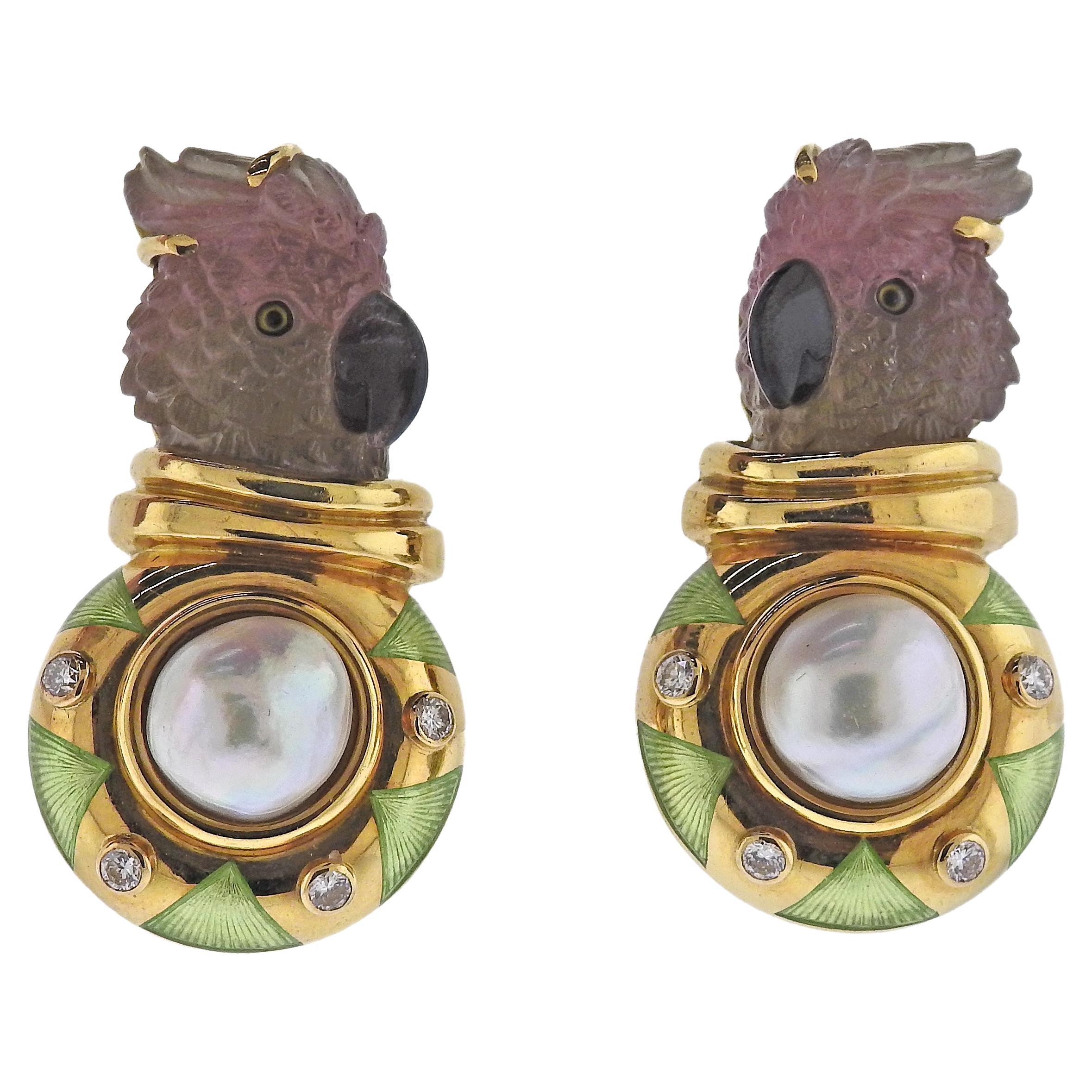 LILLIAN OSTERGARD Carved Tourmaline, Mother of Pearl and Diamond Parrot ...