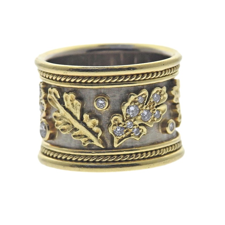 Elizabeth Gage Diamond Gold Wide Band Ring For Sale at 1stDibs