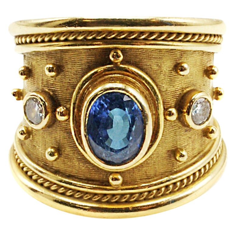 Elizabeth Gage Sapphire Diamond 18 Karat Gold Templar Ring at 1stDibs