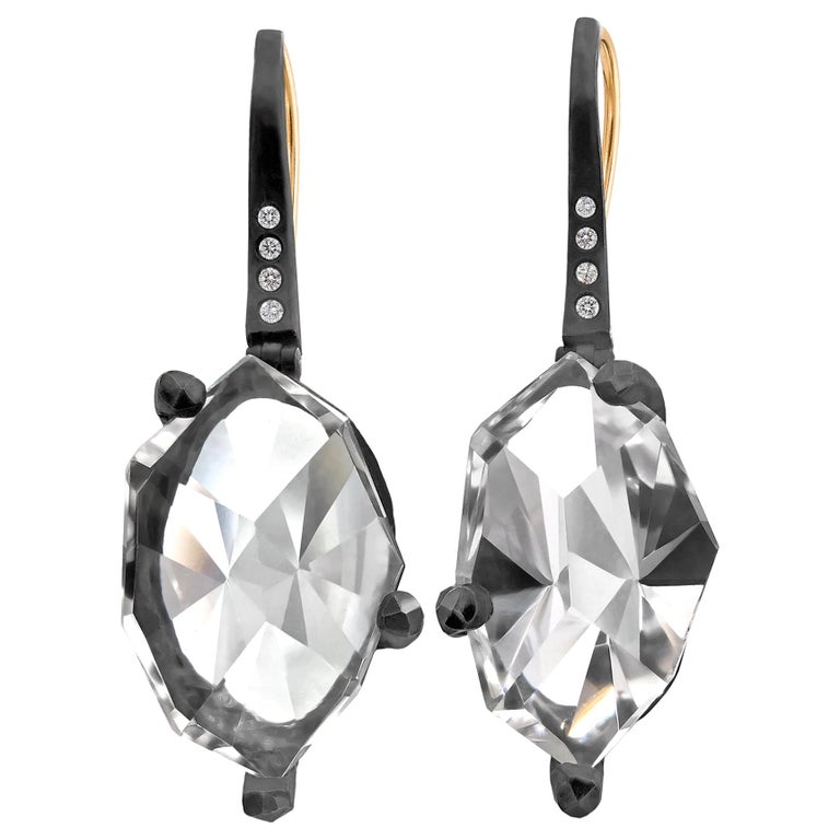Mirror-Cut Colorless Quartz Diamond Oxidized Silver Earrings, Elizabeth ...