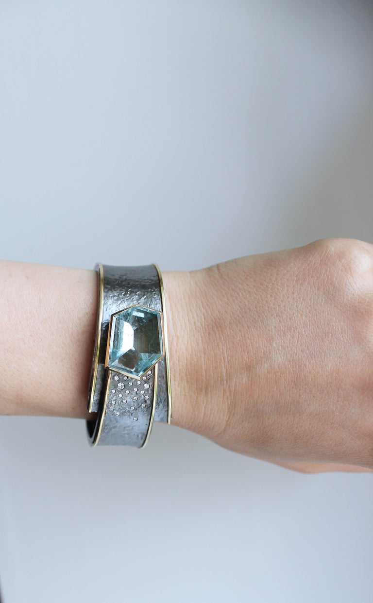 Aquamarine Diamond Silver Gold One of a Kind Cuff Bracelet, Elizabeth ...