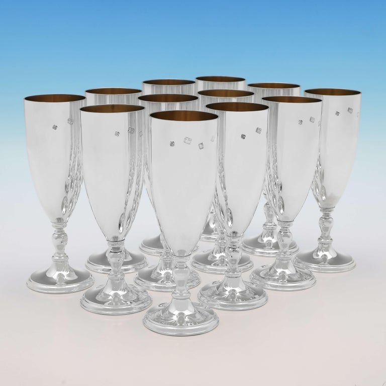 Elizabeth II Period Set of 12 Sterling Silver Champagne Flutes by ...