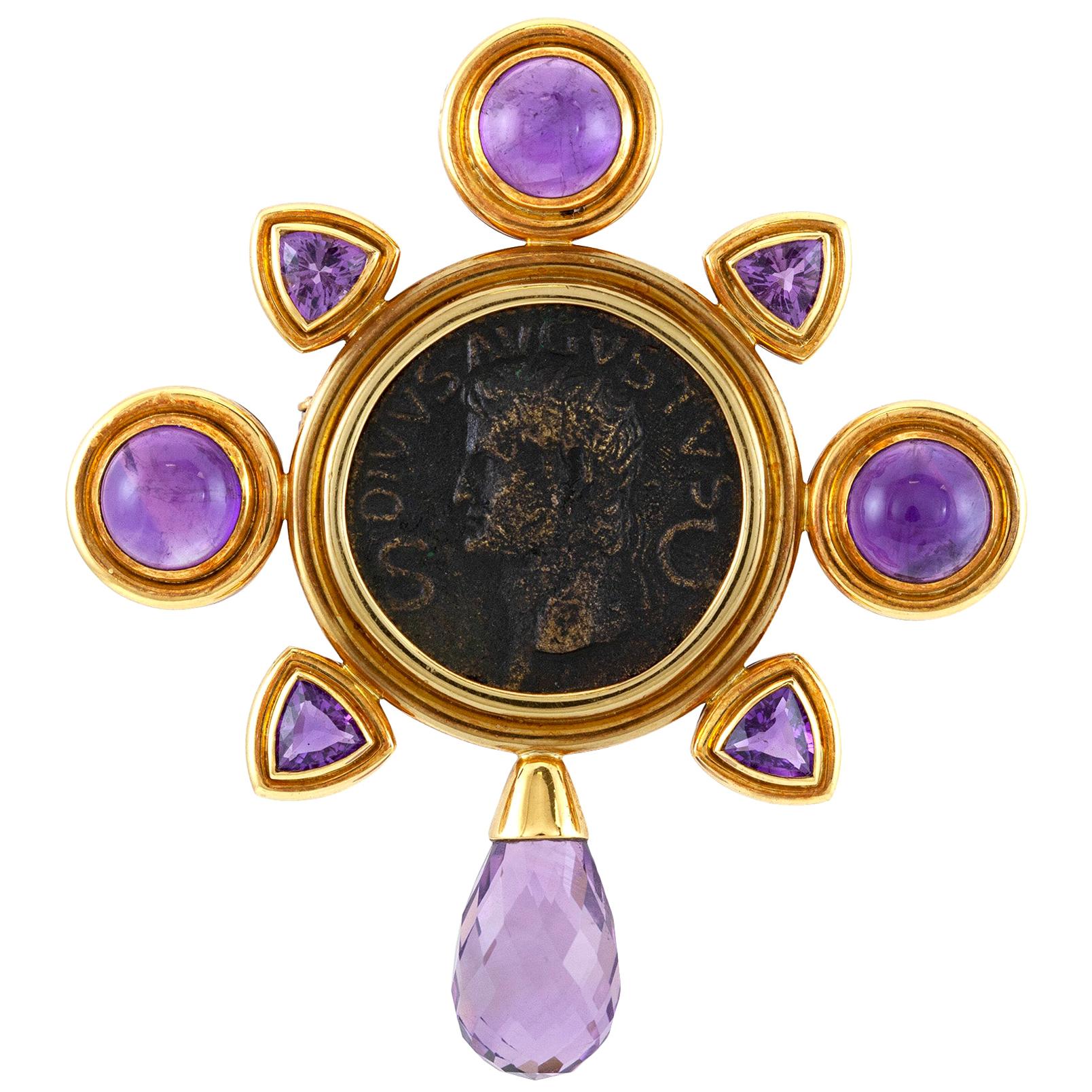 Elizabeth Locke 18 Karat Yellow Gold Amethyst Pin at 1stDibs