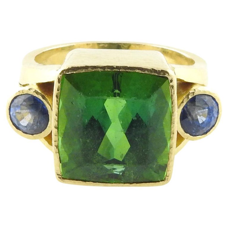 Elizabeth Locke 18K Hammered Yellow Gold Green Tourmaline and Sapphire ...