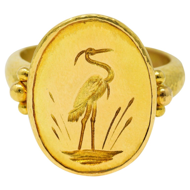 Elizabeth Locke Contemporary 19 Karat Yellow Gold Intaglio Crane Signet ...