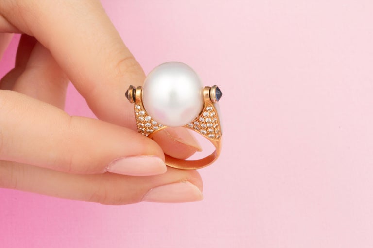 Ella Gafter 16mm Pearl Diamond Rose Gold Ring For Sale at 1stDibs