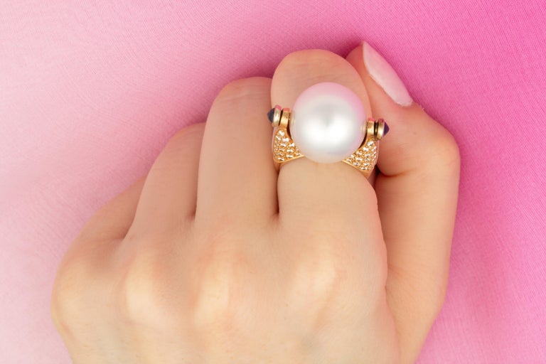 Ella Gafter 16mm Pearl Diamond Rose Gold Ring For Sale at 1stDibs