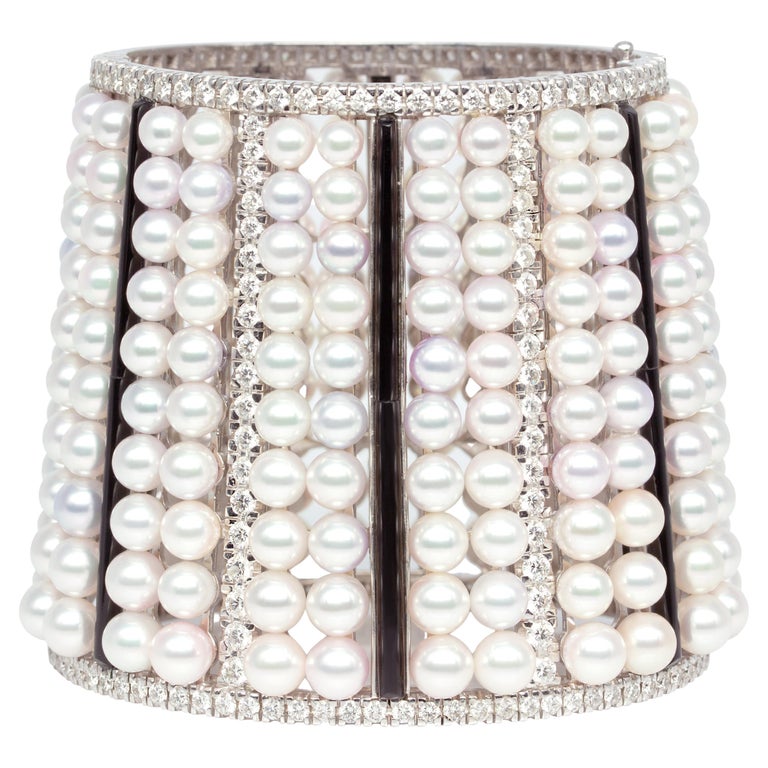 Ella Gafter Perle Diamant Onyx Manschettenarmband im Angebot bei 1stDibs